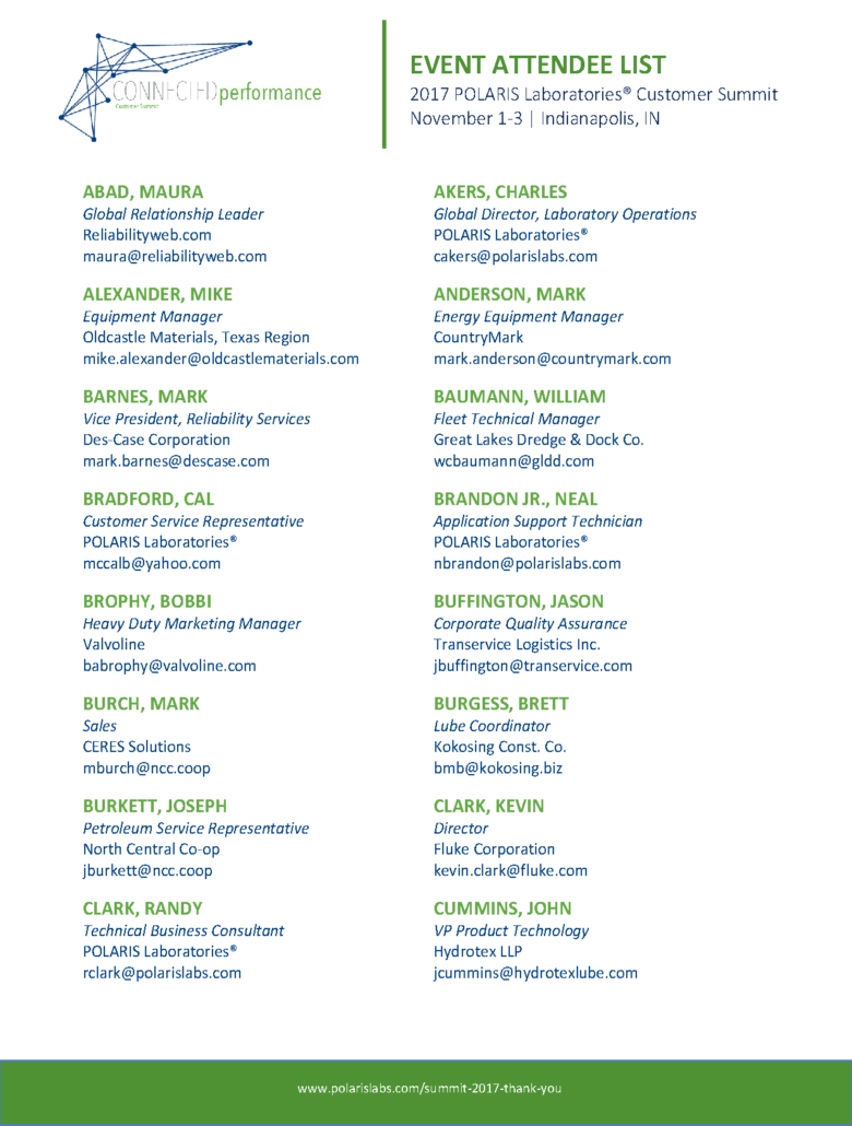 2017 Attendee List_Connected Performance | POLARIS Laboratories®